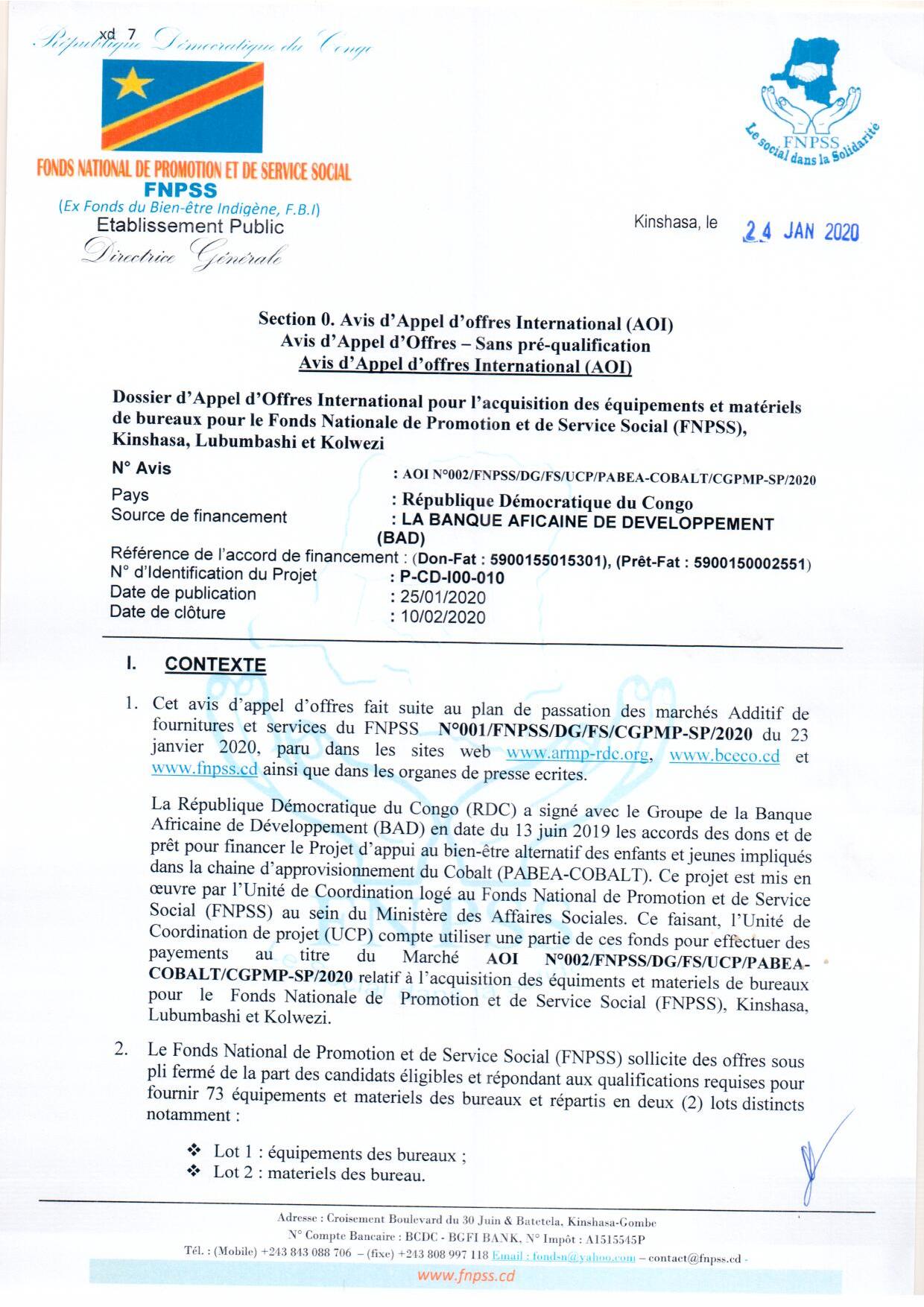 Avis d'appel d'offres intrenational relatif à l'acquisition des ...